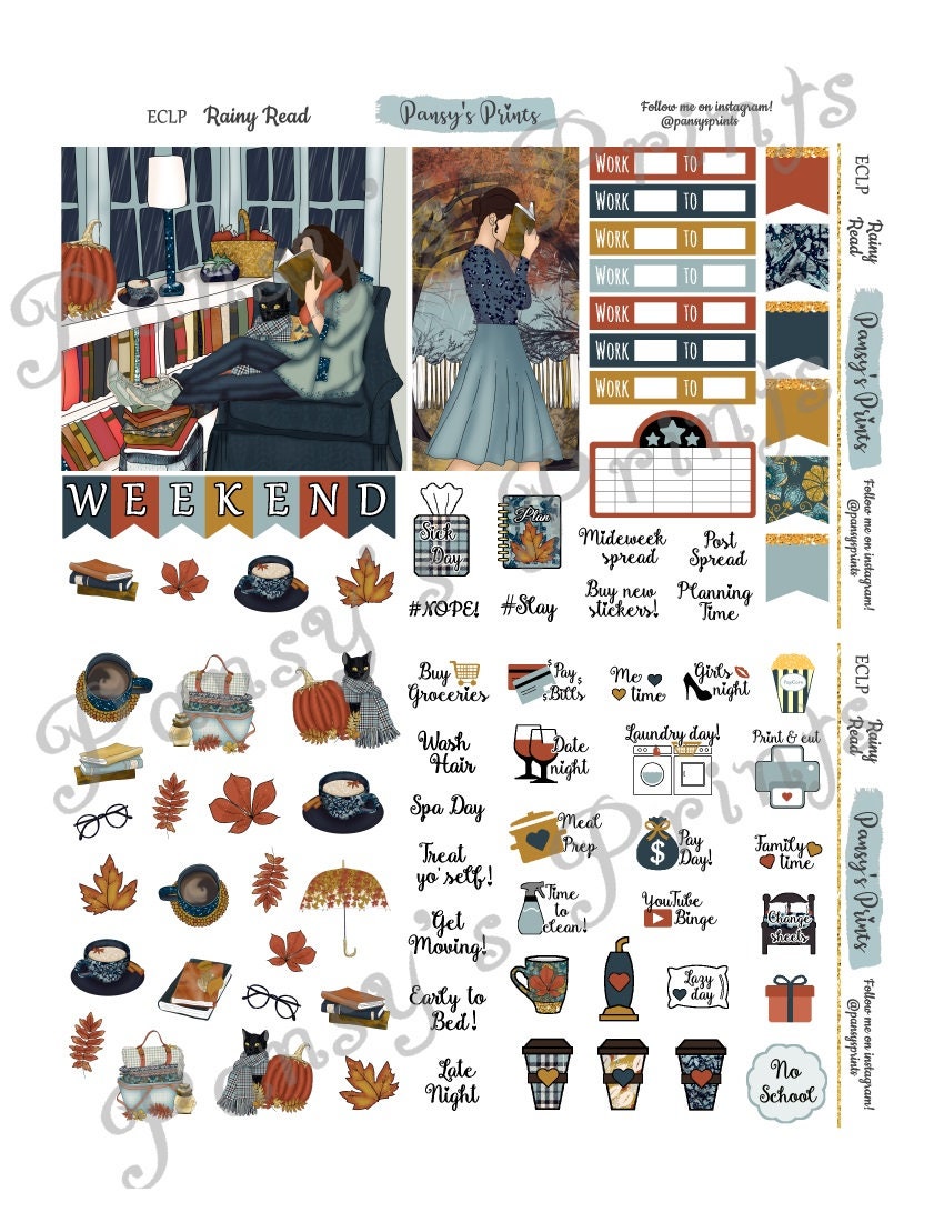 Printable Planner Stickers, Erin Condren, Vertical, Weekly Kit, Rainy ...