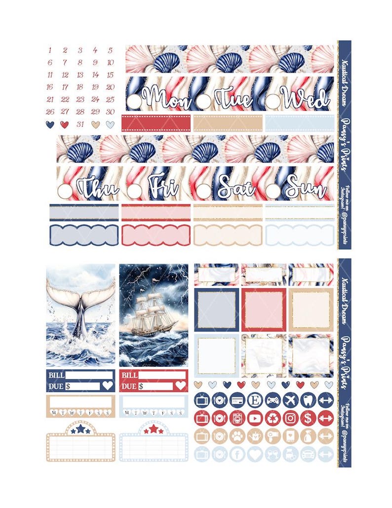 Printable Planner Stickers, Happy Planner, Nautical Dream, Vertical ...