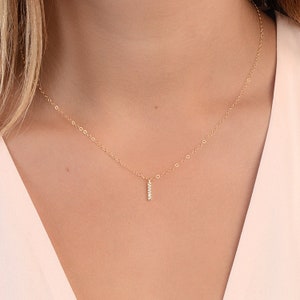 Tiny Gold Diamond Bar Necklace, Dainty Silver CZ Necklace, Minimal ...