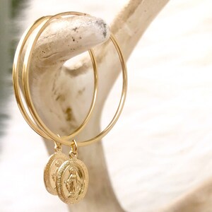 Virgin Mary Earrings Gold Medallion Hoops Miraculous Medal | Etsy