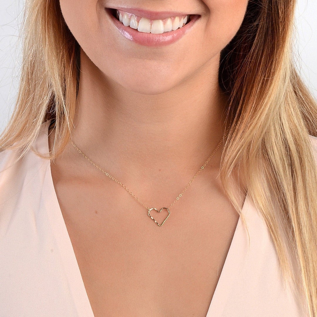 Open Heart Necklace, Dainty Heart Necklace, Heart Outline Necklace ...