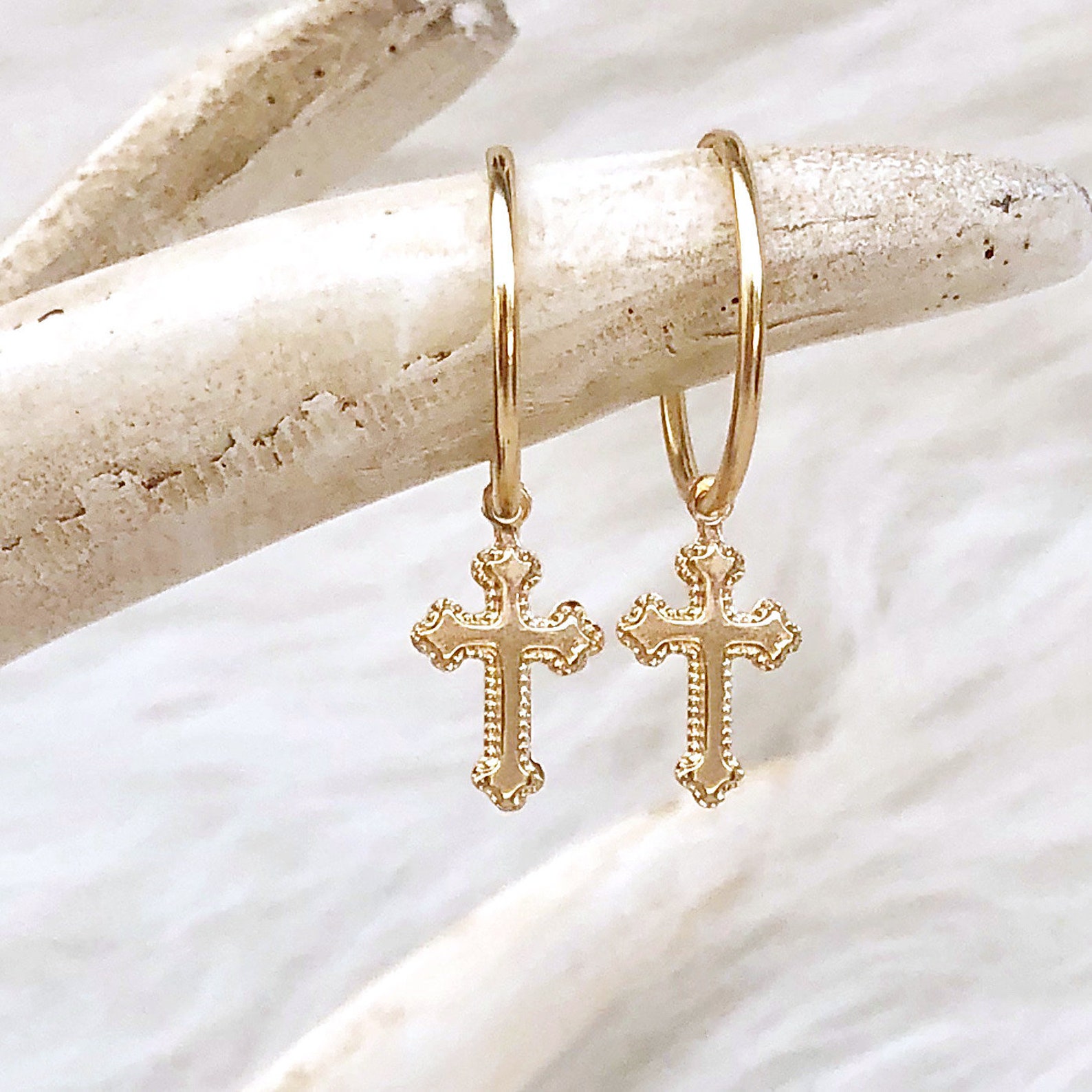 Gold Filled Cross Earrings, Cross Huggie Hoops, Religious Earrings ...