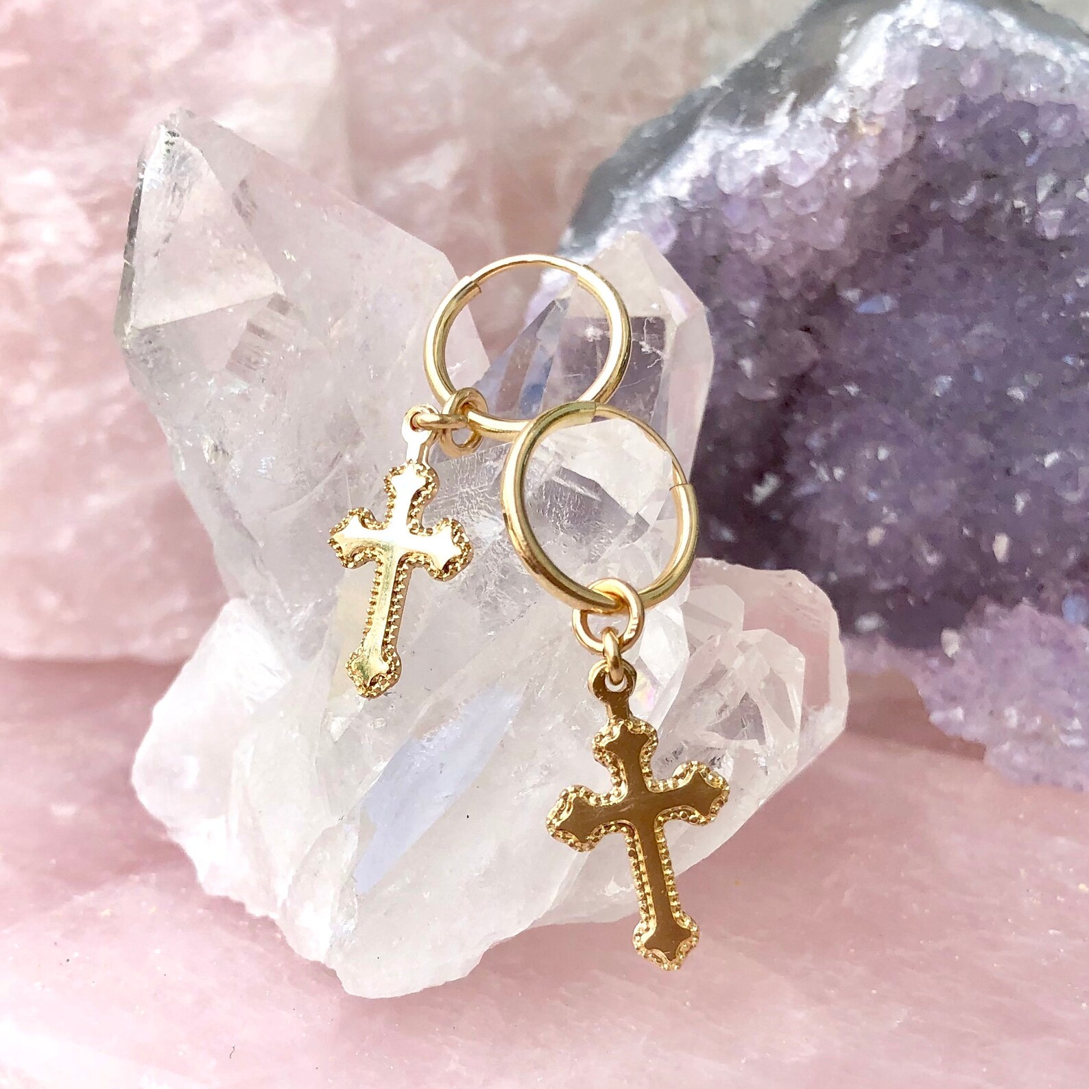 Gold Filled Cross Earrings Cross Huggie Hoops Religious | Etsy