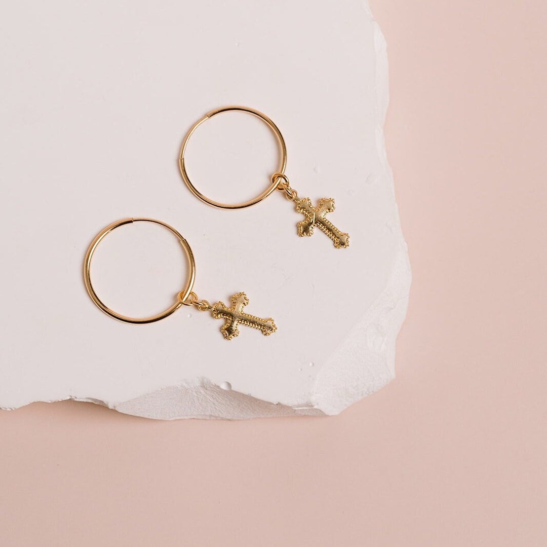 Gold Filled Cross Earrings, Cross Huggie Hoops, Religious Earrings ...