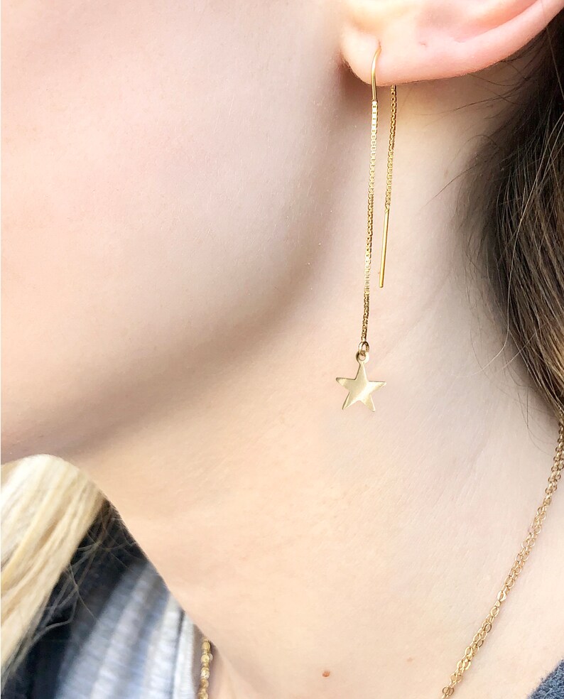 Star Earrings Gold Threader Earrings Tiny Star Dangling | Etsy