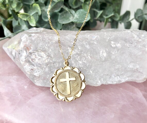 Cross Medallion Necklace Large Coin Cross Necklace Round - Etsy
