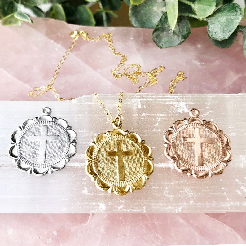 Cross Medallion Necklace Large Coin Cross Necklace Round | Etsy