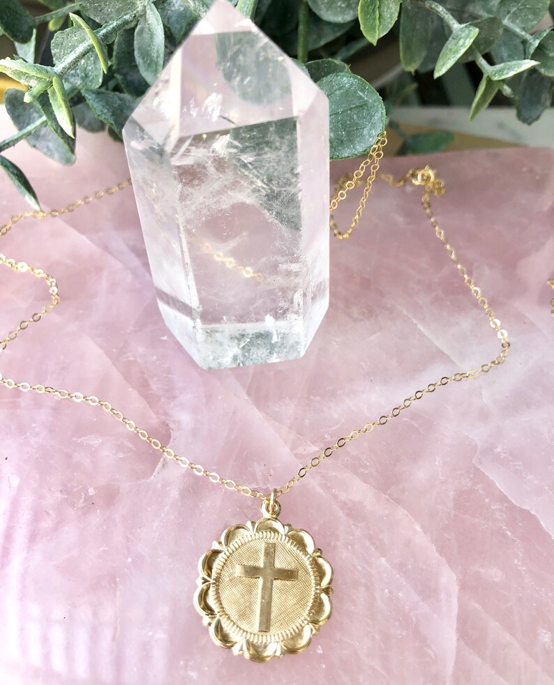 Cross Medallion Necklace Large Coin Cross Necklace Round - Etsy