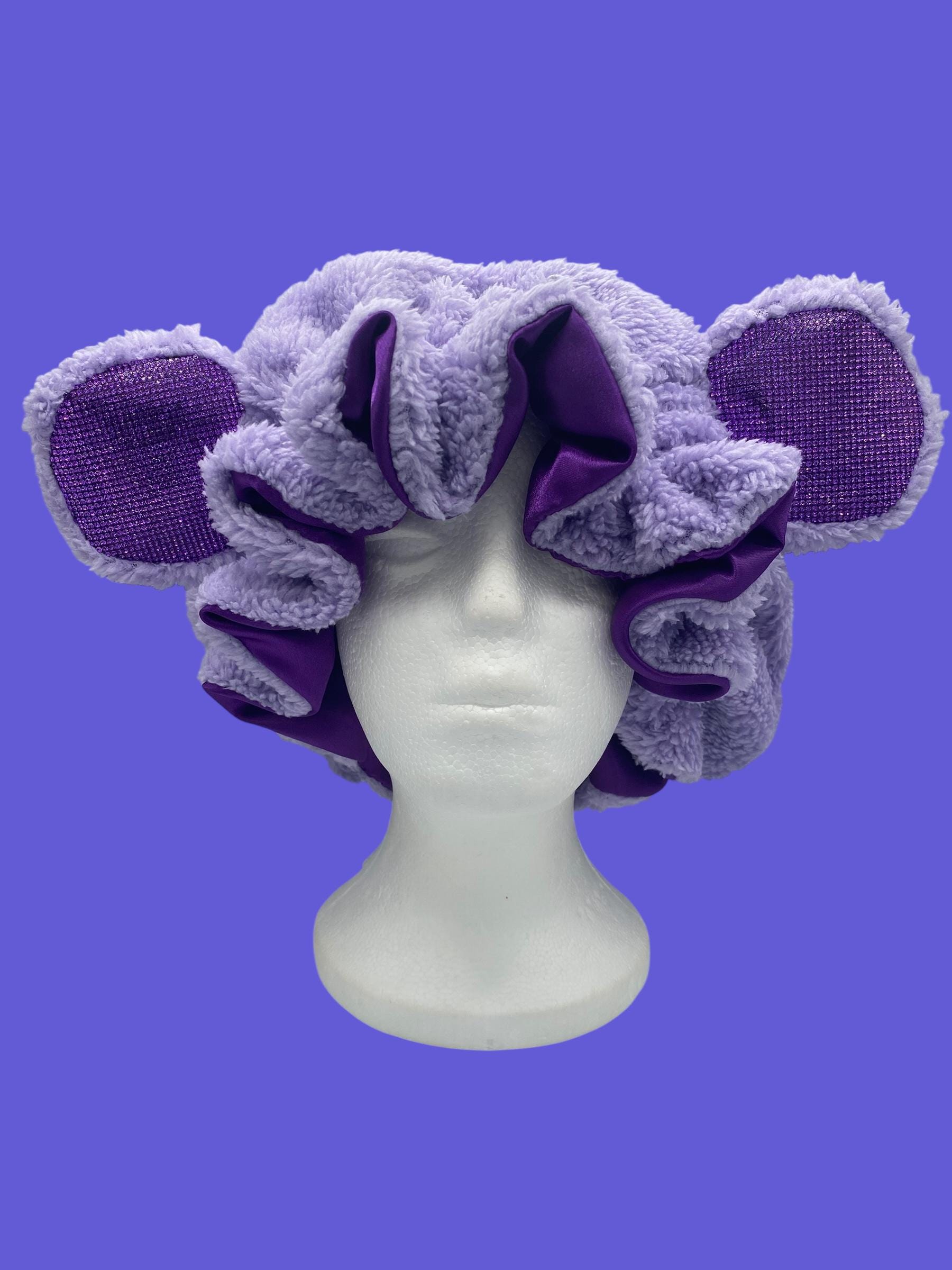 Rhinestone Bear Bonnet: Purple Faux Sherpa Satin-lined Sleeping Bonnet ...