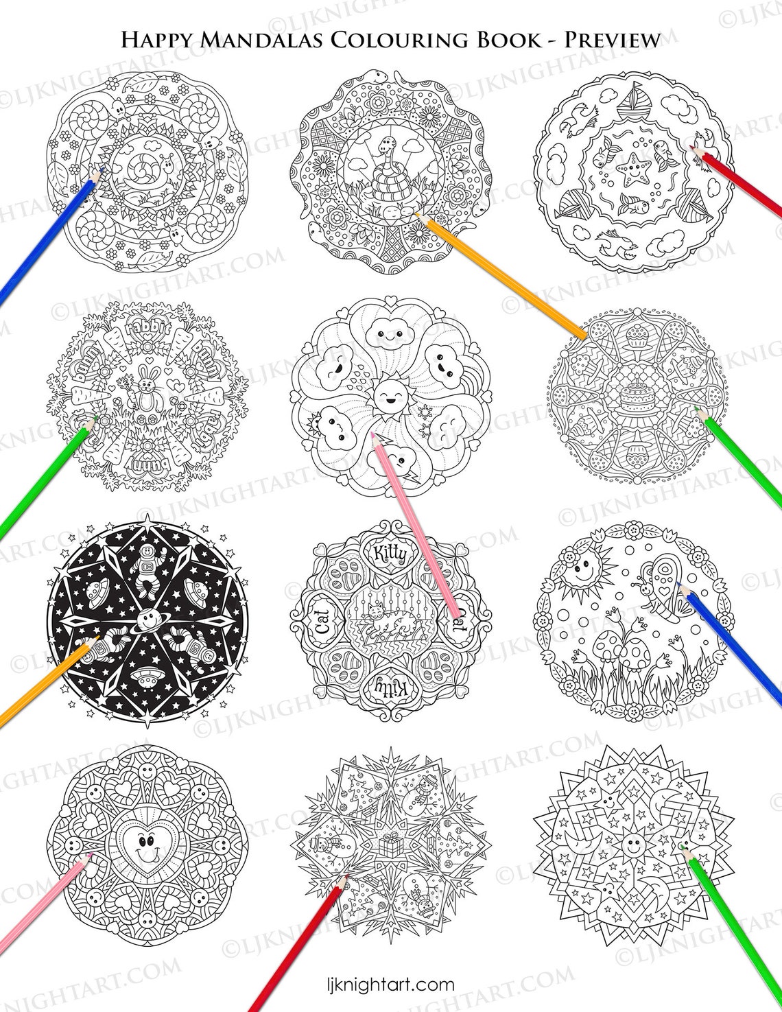 Happy Mandalas Colouring Book for All Ages 30 Pages Cute Cartoons ...