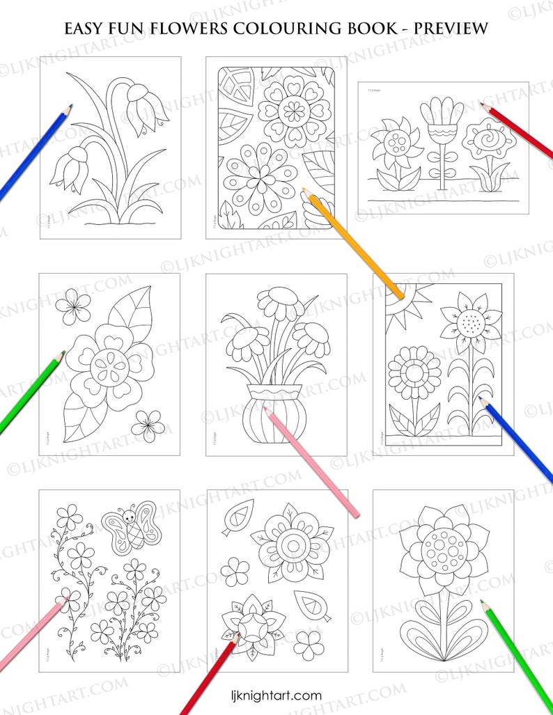 Easy Fun Flowers PRINTABLE Colouring Book for All Ages 30 Simple Floral ...