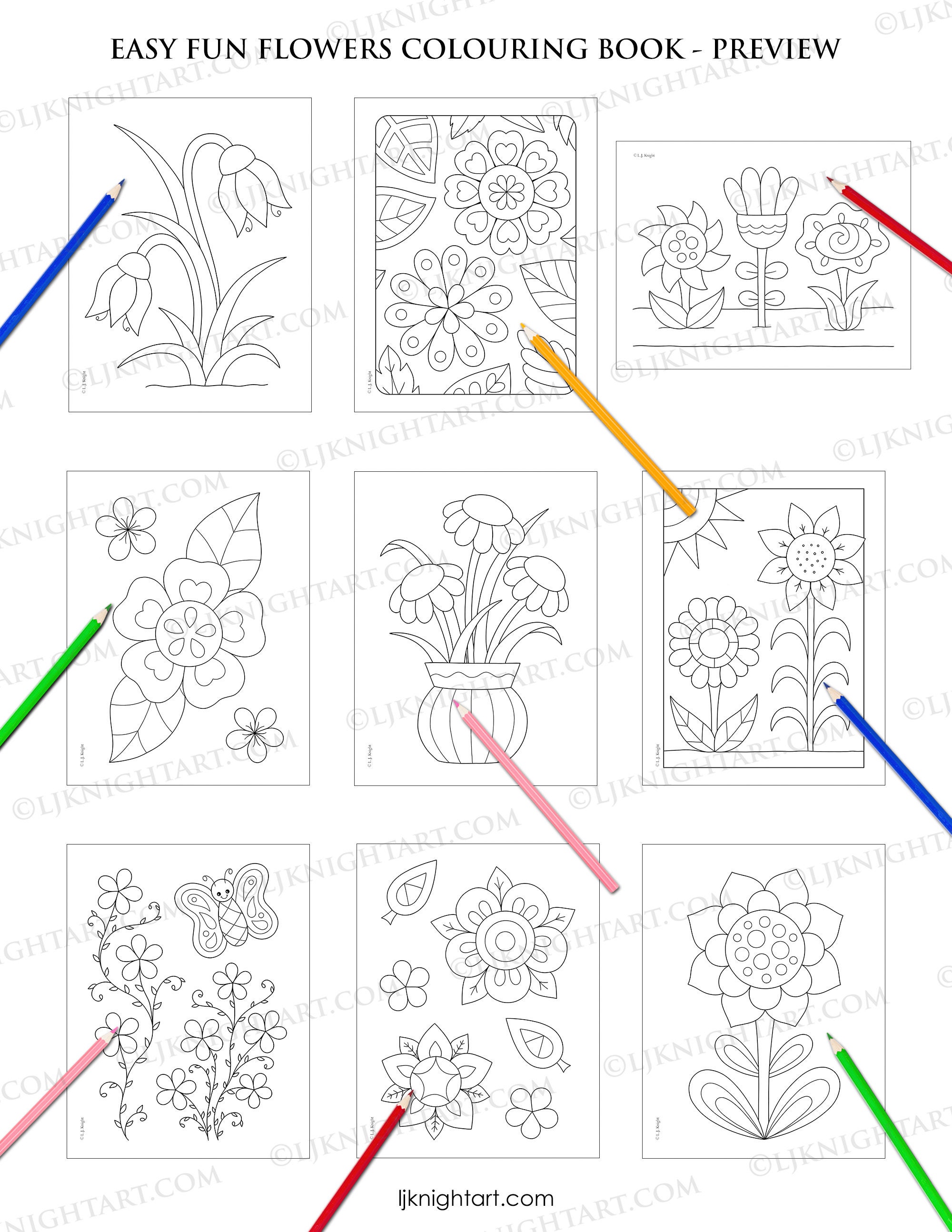 Easy Fun Flowers PRINTABLE Colouring Book for All Ages 30 Simple Floral ...