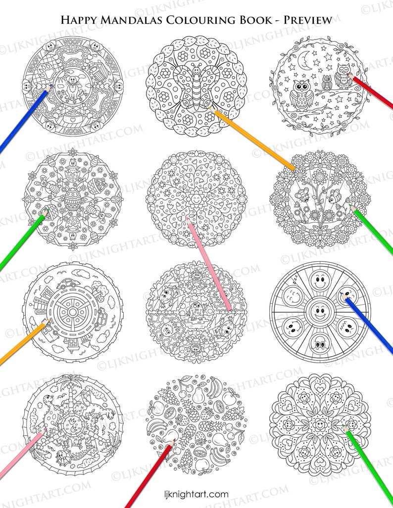 Happy Mandalas Colouring Book for All Ages - 30 Pages Cute Cartoons ...