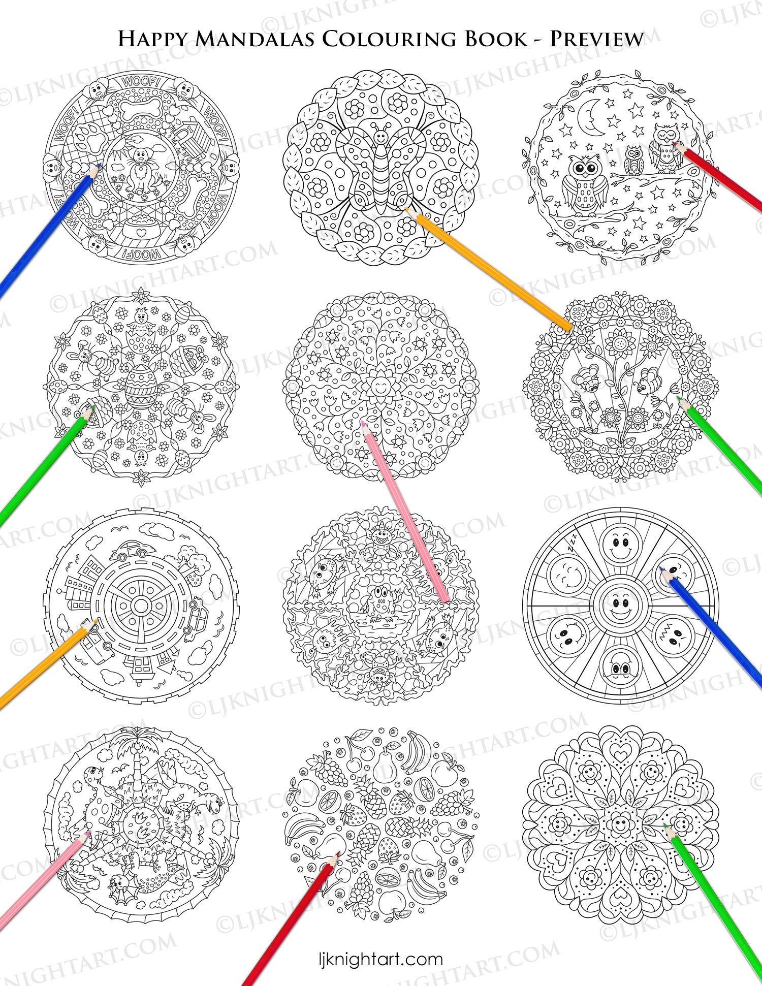 Happy Mandalas Colouring Book for All Ages - 30 Pages Cute Cartoons ...