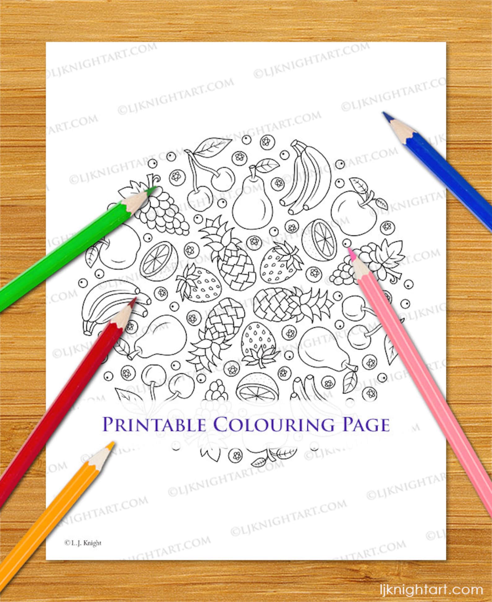 Fruit Mandala Printable Colouring Page Cute Food Cartoon | Etsy