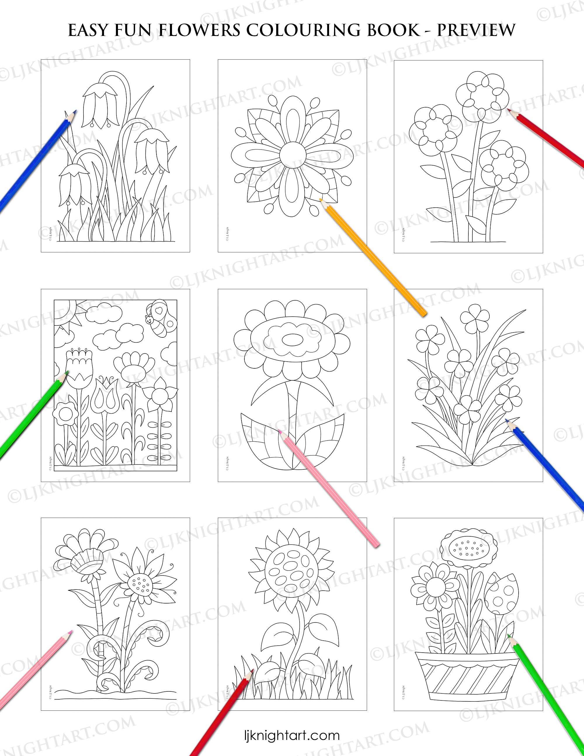 Easy Fun Flowers PRINTABLE Colouring Book for All Ages 30 Simple Floral ...