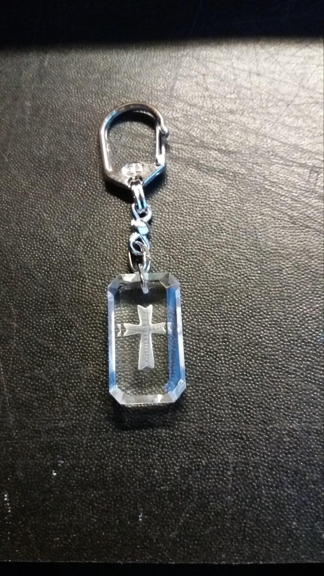 Engraved Crucifix on Crystal Glass. Key Ring. Polished Stainless Steel ...