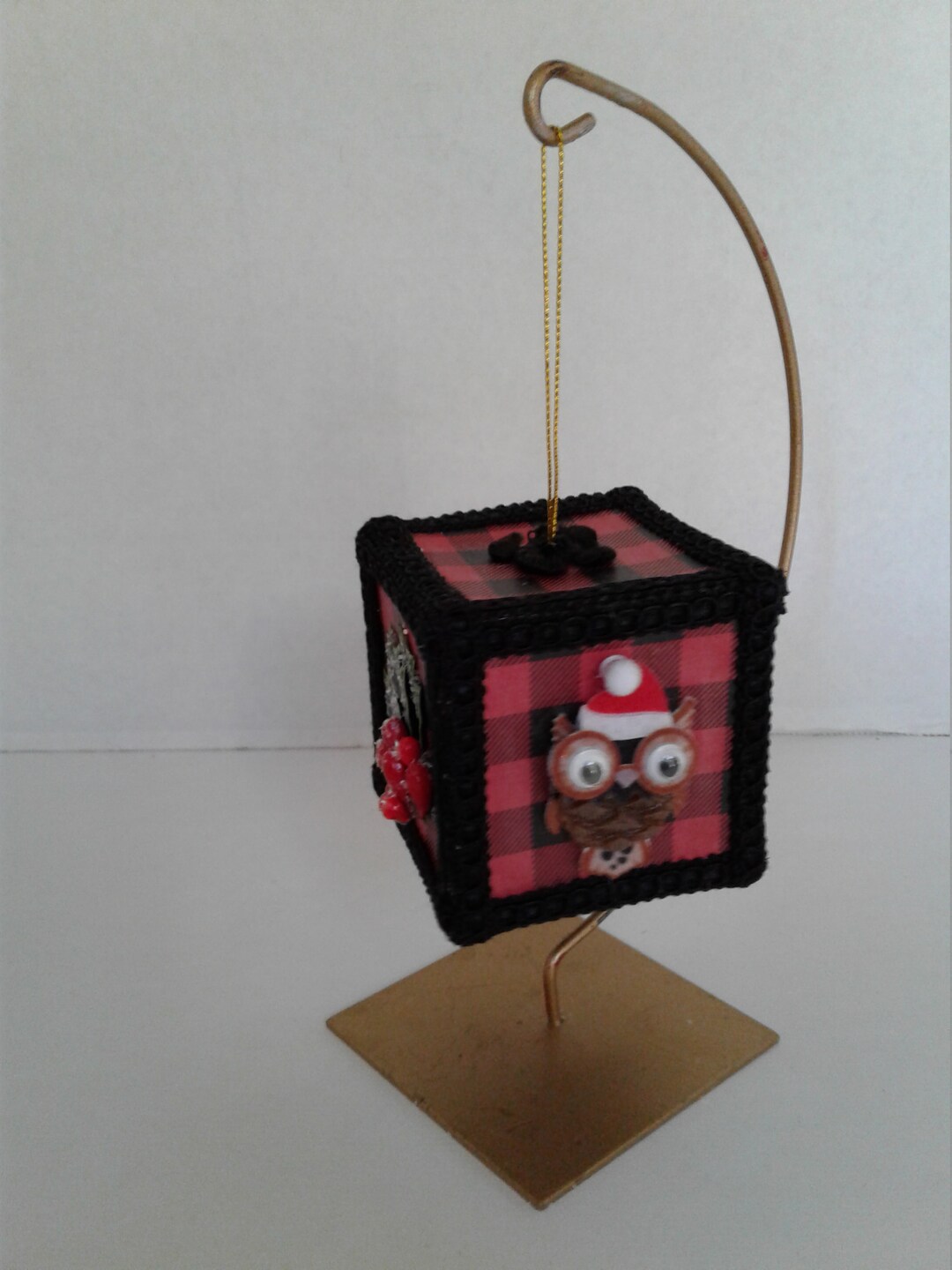 Paper Mache Buffalo Plaid Cube Christmas Ornament With Owls & - Etsy
