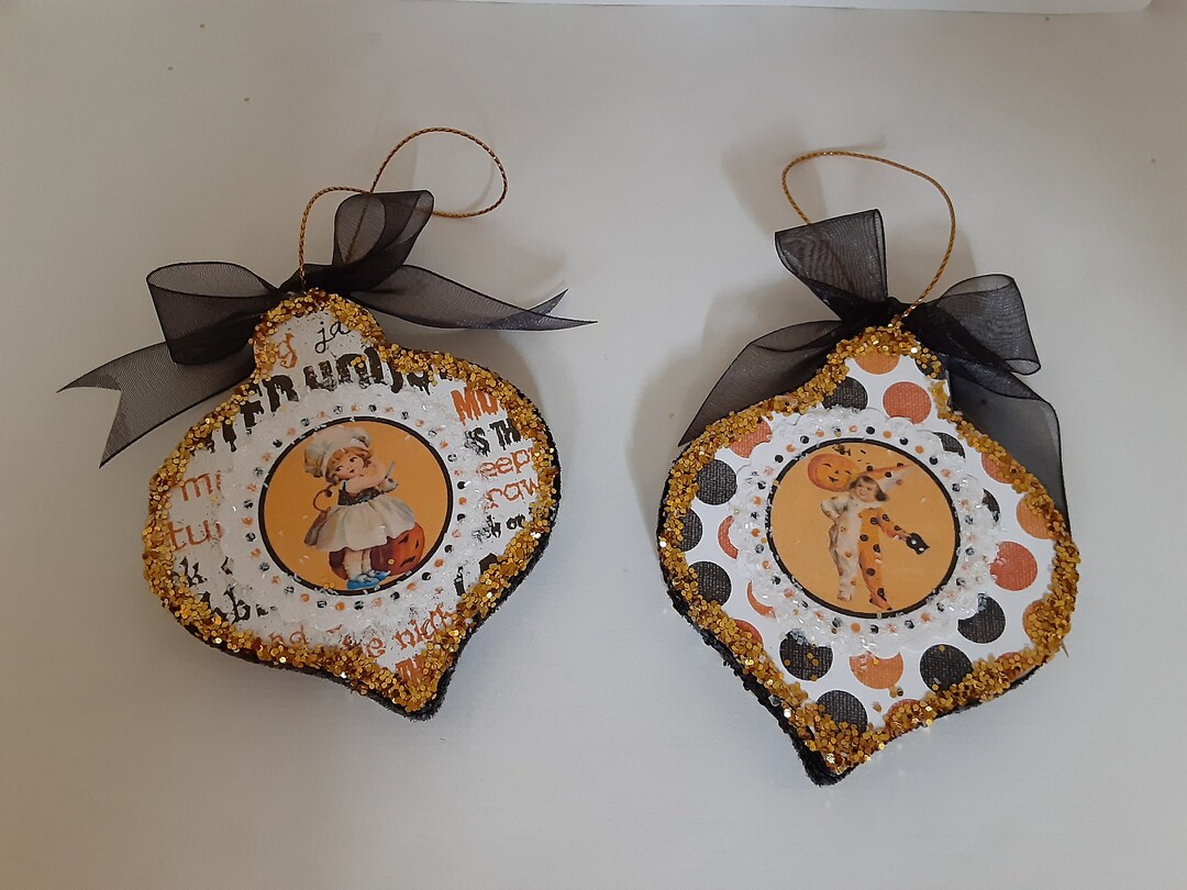 Set of 2 Halloween Flat Finial Paper Mache Ornament With Vintage Images ...