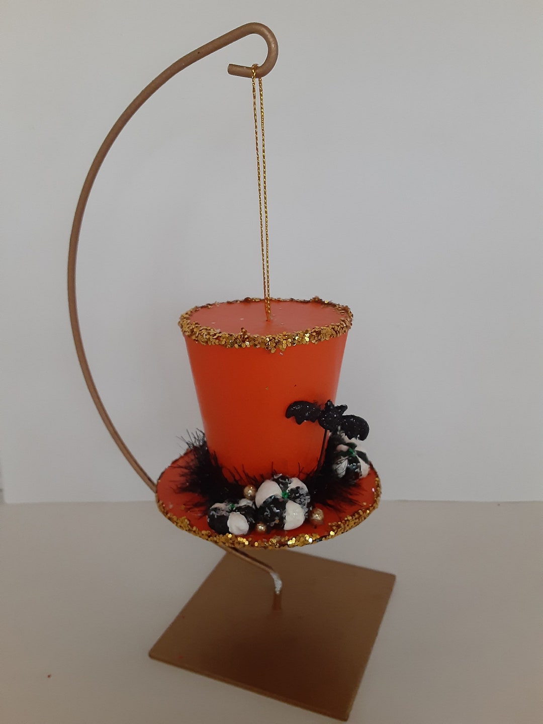 Halloween Orange Paper Mache Top Hat Ornament With Black and White ...