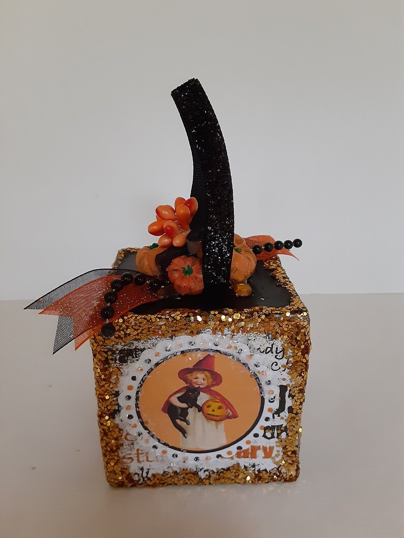 Halloween Paper Mache Block Ornament With Vintage Images and - Etsy