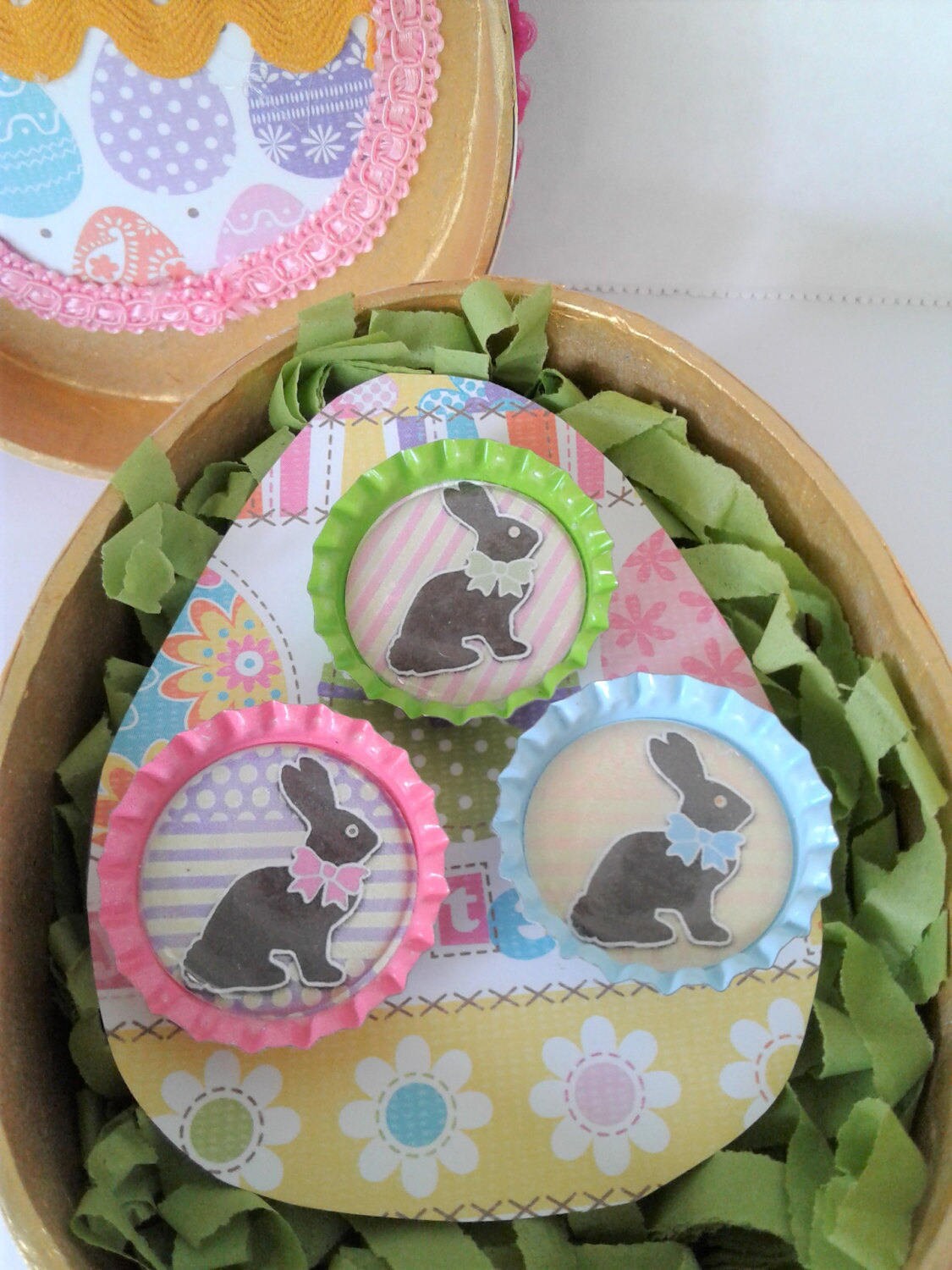 Paper Mache Whimsical Easter Egg Box With 3 Bottle Cap Magnets Bunny ...