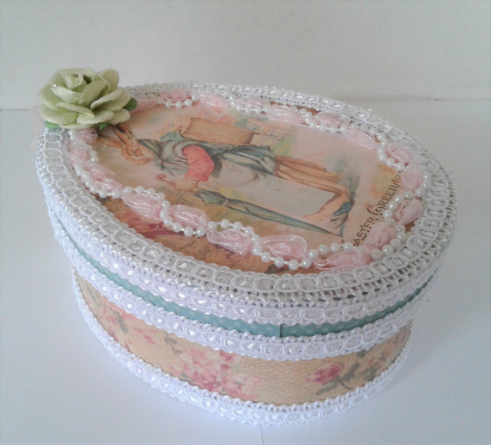 Paper Mache Shabby Chic Easter Egg Box With 3 Bottle Cap Magnets Floral ...