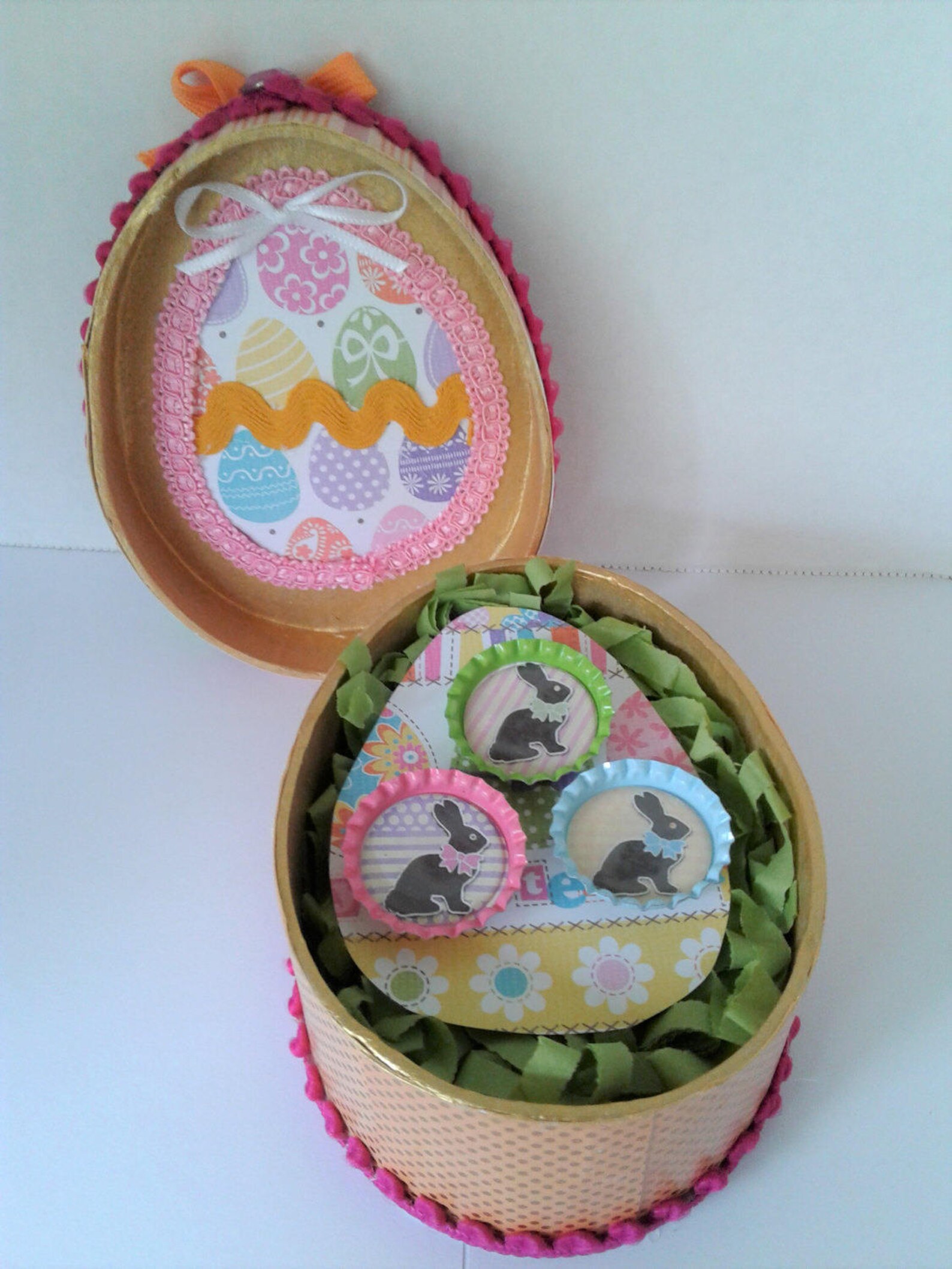 Paper Mache Whimsical Easter Egg Box With 3 Bottle Cap Magnets Bunny ...