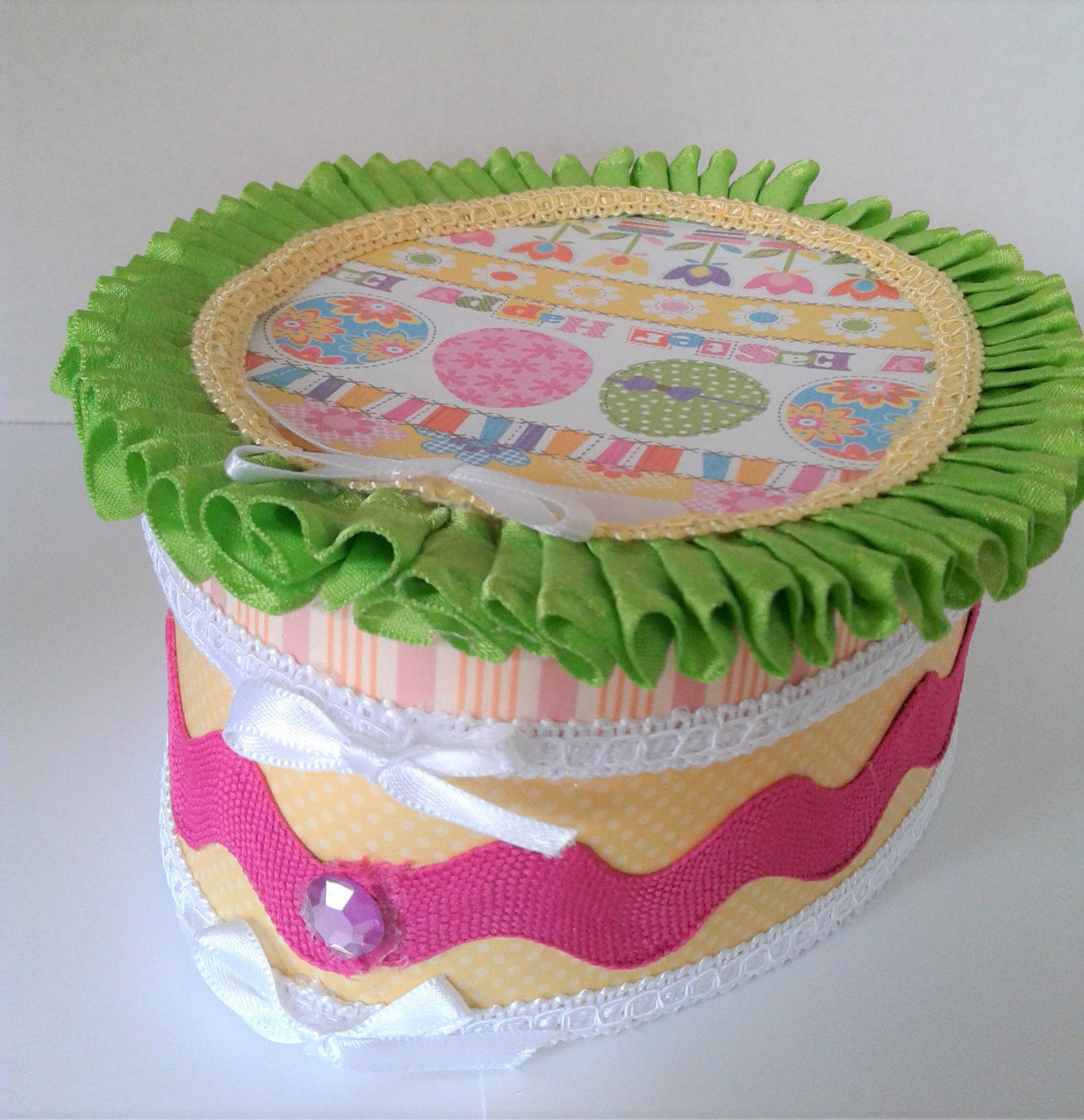 Paper Mache Whimsical Easter Egg Box With 5 Bottle Cap Magnets Green ...