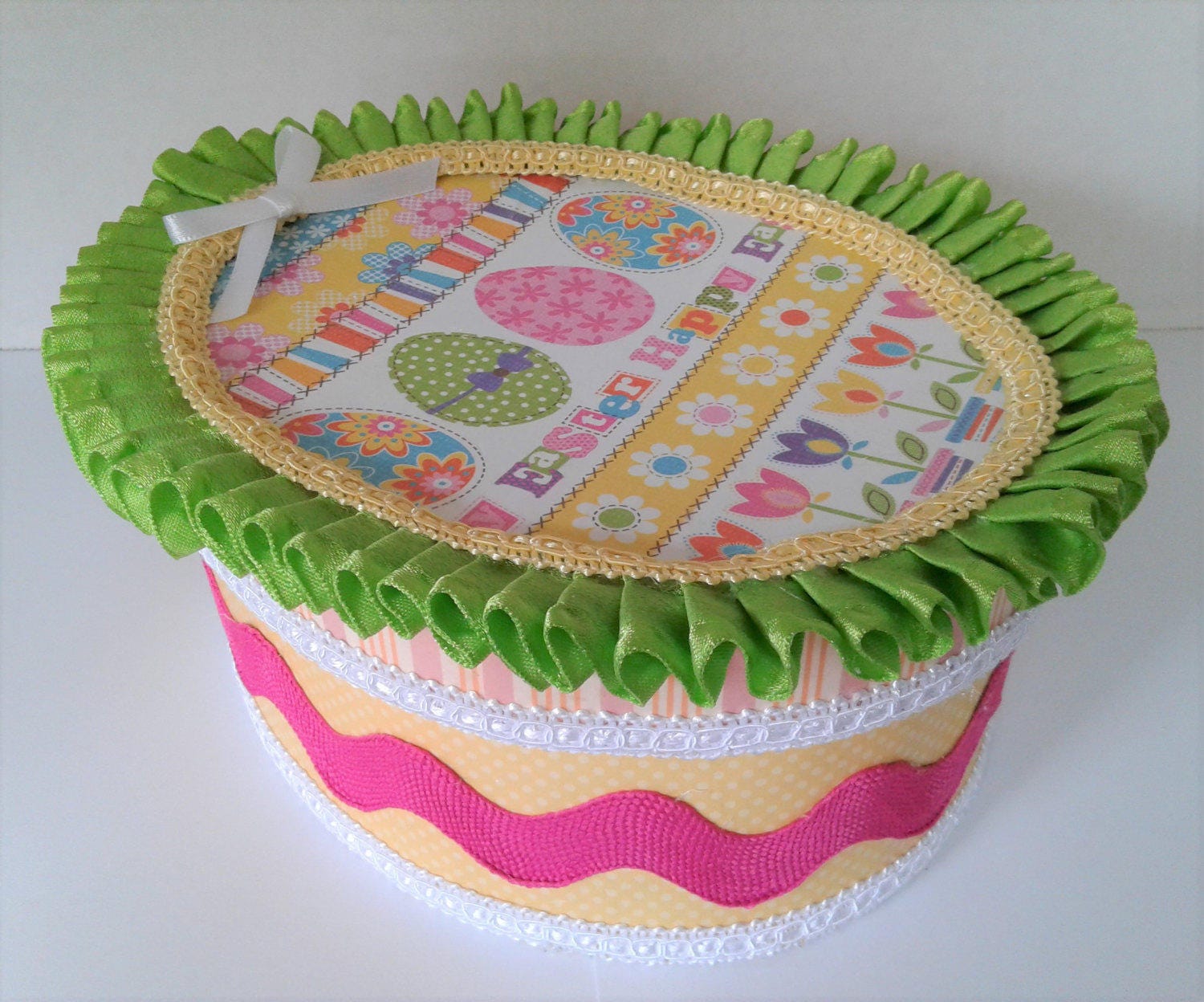 Paper Mache Whimsical Easter Egg Box With 5 Bottle Cap Magnets Green ...