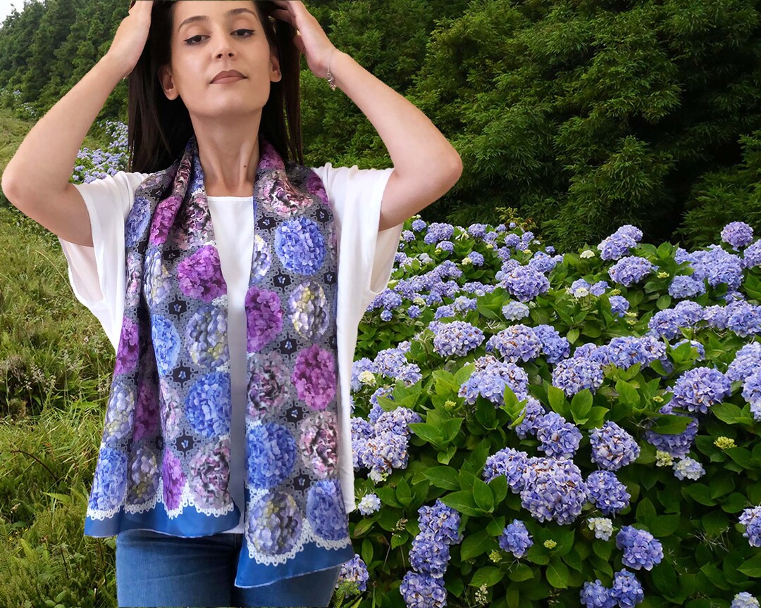 Floral Long Silk Scarf, Hydrangea Shawl Blue Pink Yellow, Albanian Lule ...