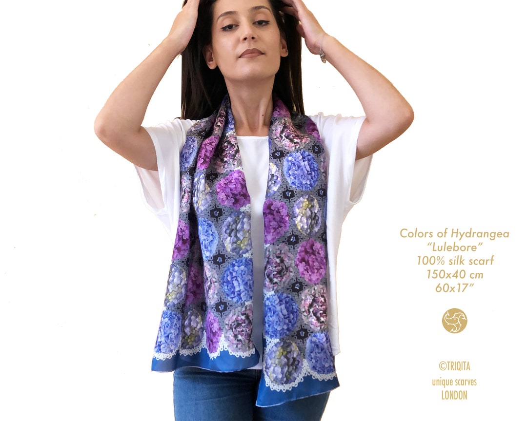 Floral Long Silk Scarf, Hydrangea Shawl Blue Pink Yellow, Albanian Lule ...