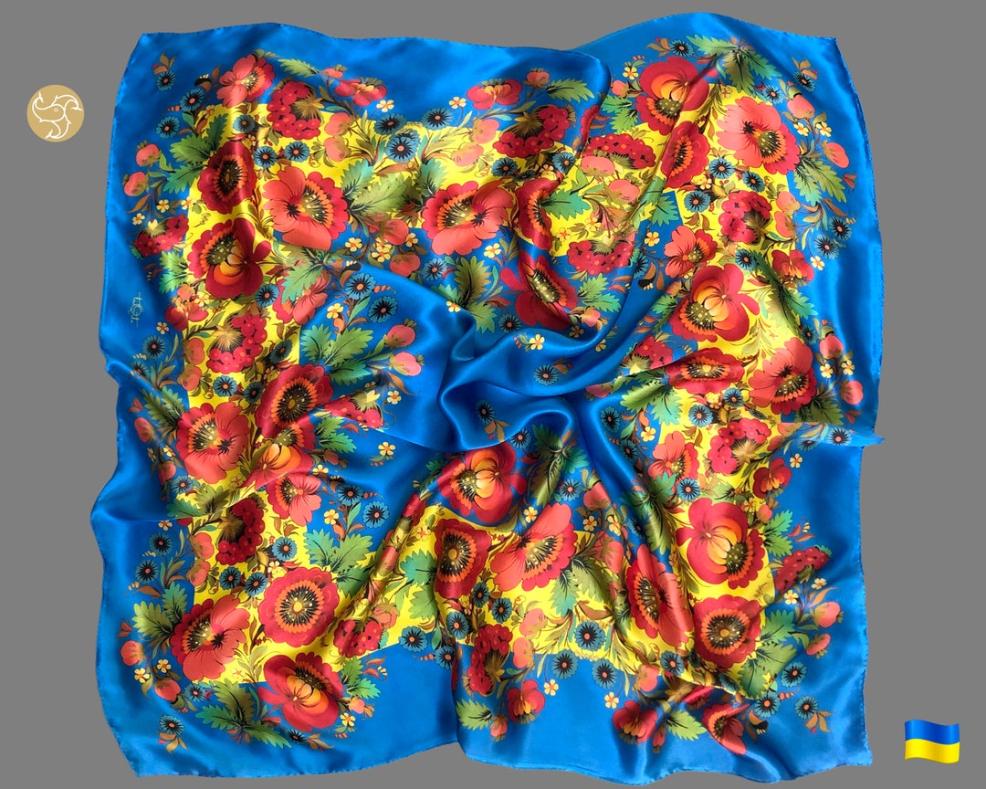 Blue Silk Head Scarf, Colorful Floral Evening Shawl, Ukrainian ...