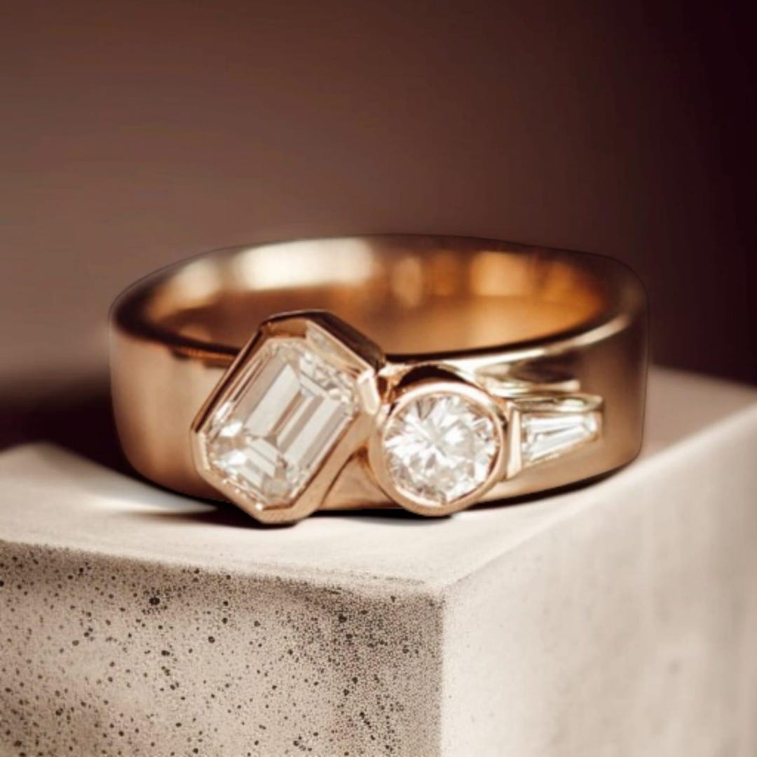 Three Stone Wedding Ring, Woman's Bezel Set Multi Shape Cut Moissanite ...
