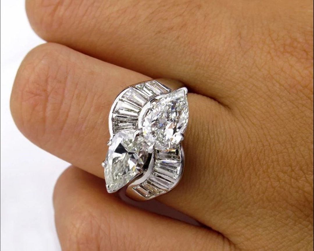 Bypass Shank Two Stone Ring, Pear Cut CZ Stone Engagement Ring, Channel ...