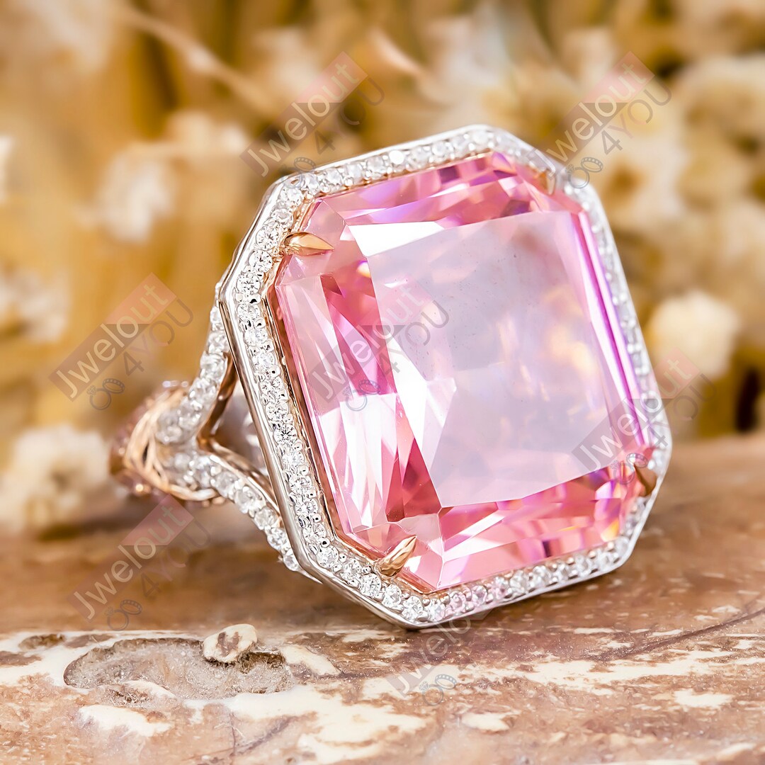 Elegant Pink Radiant Cut CZ Diamond Ring, Split Shank Two Tone Cocktail ...