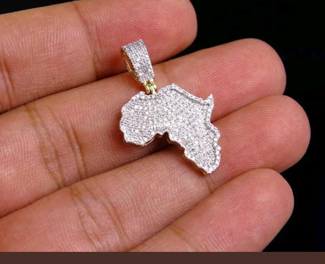 Two Tone Gold Africa Map Pendant, Pave Set Round Moissanite Diamond ...