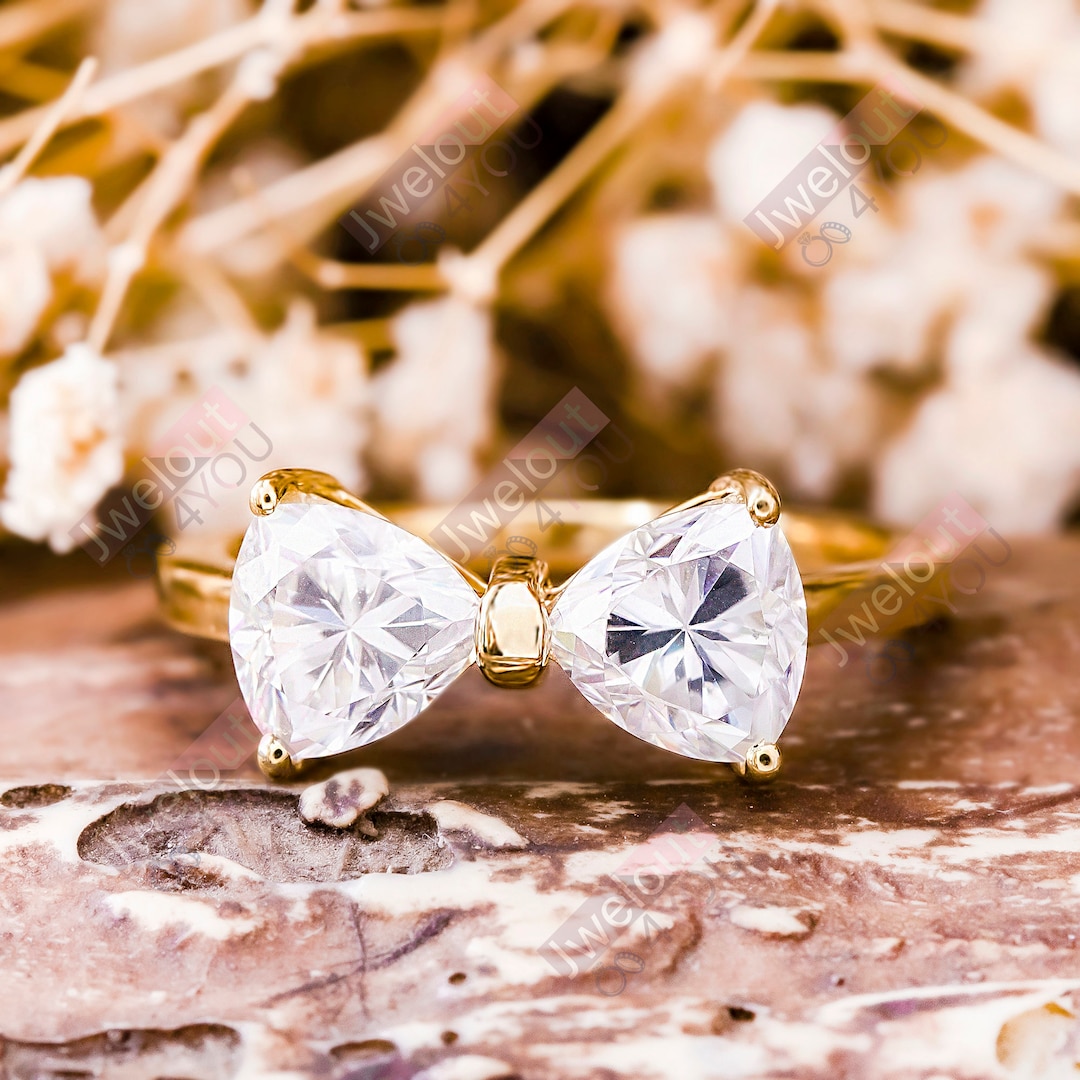 Two Stone Bow Ring, 2.20 TCW Trillion Moissanite Diamond Ring, Bow ...
