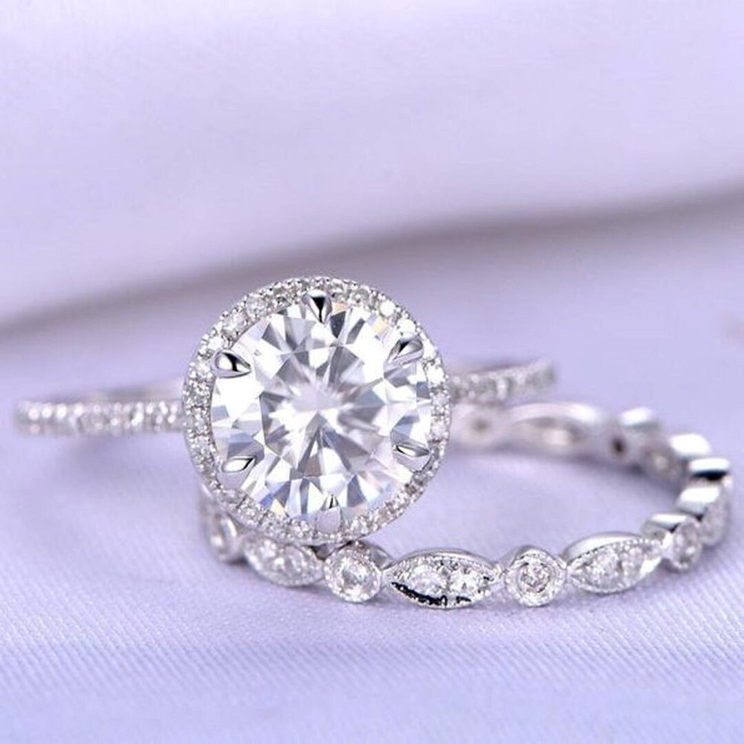 Halo Wedding Engagement Ring Set, 2.41 TCW Round Cut Moissanite Diamond ...