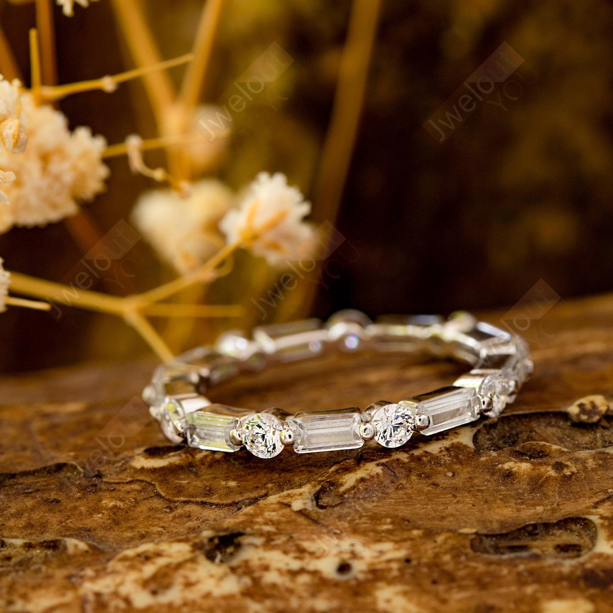 Dot Dash Eternity Band, Round & Baguette Moissanite Diamond Wedding ...