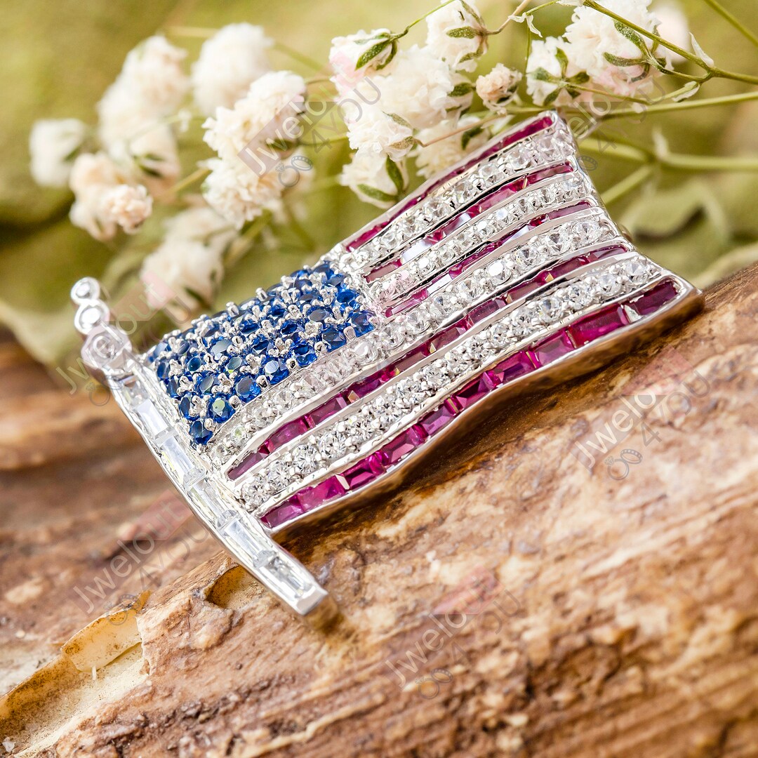 American USA Flag Brooch, Sapphire & Ruby Multi CZ Stone Brooch, USA ...