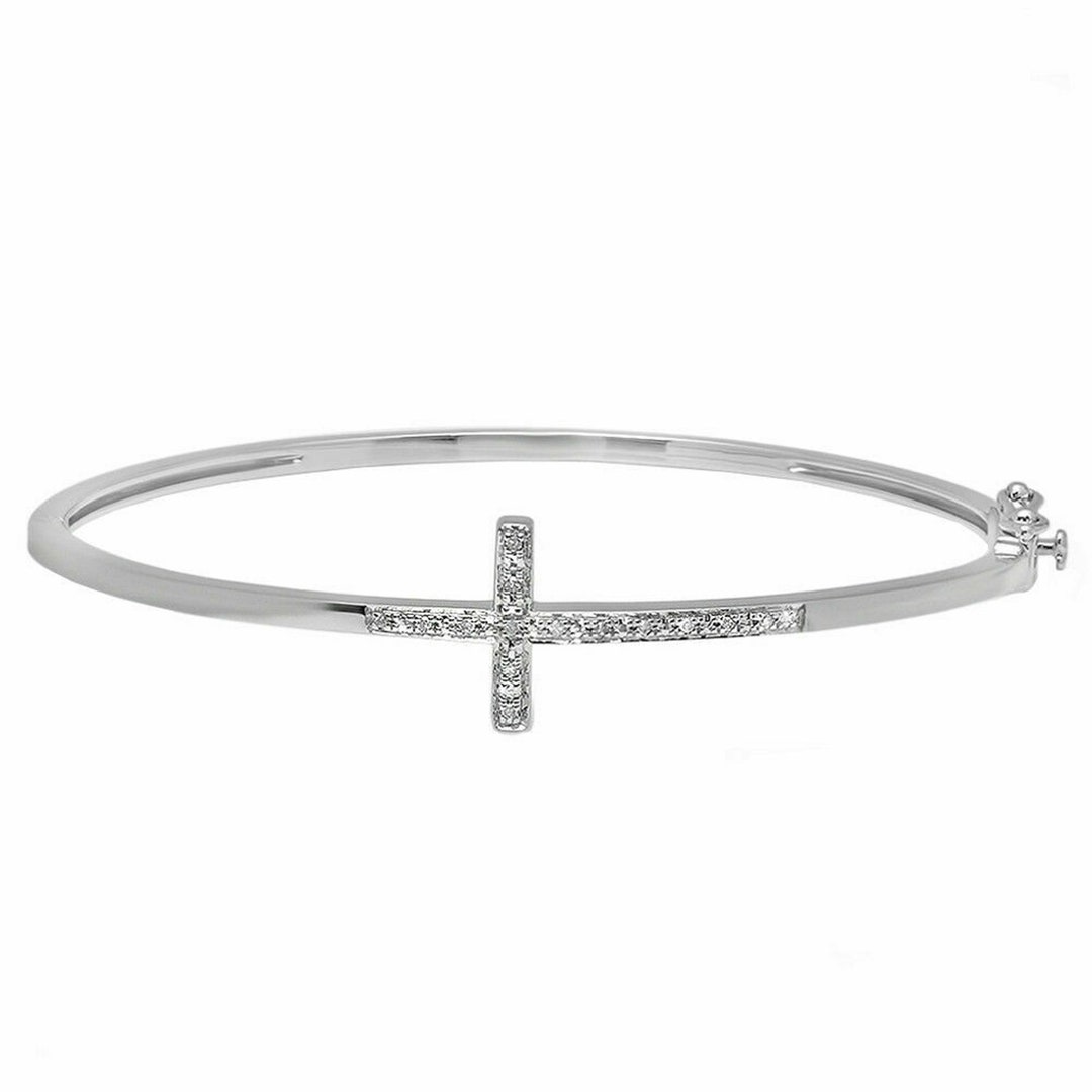 14K Gold Cross Bangle Bracelet, Religious Sideways Cross Bracelet, Round Moissanite Diamond ...