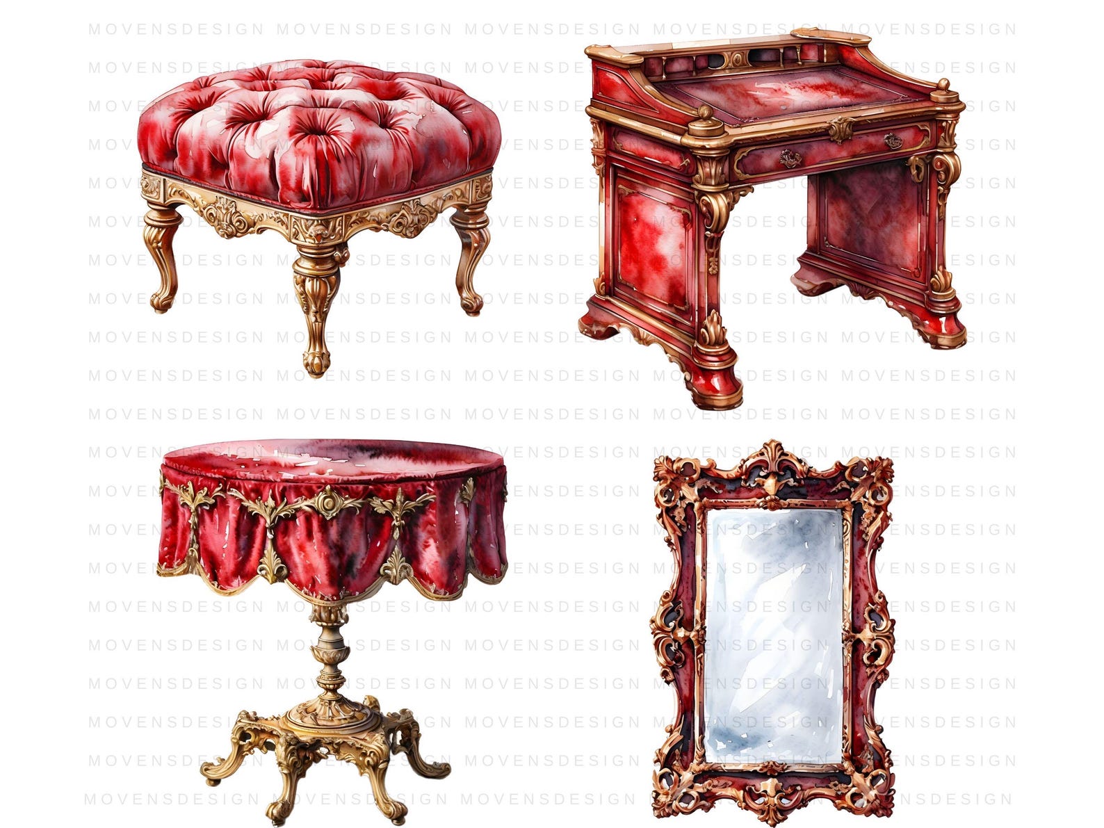 12 Watercolor Antique Victorian Furniture Clipart Set Vintage-inspired ...