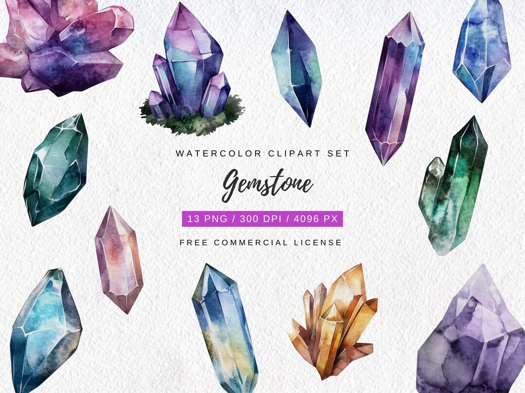 13 Watercolor Gemstones Clipart Set - Soft, Elegant Hand-painted ...
