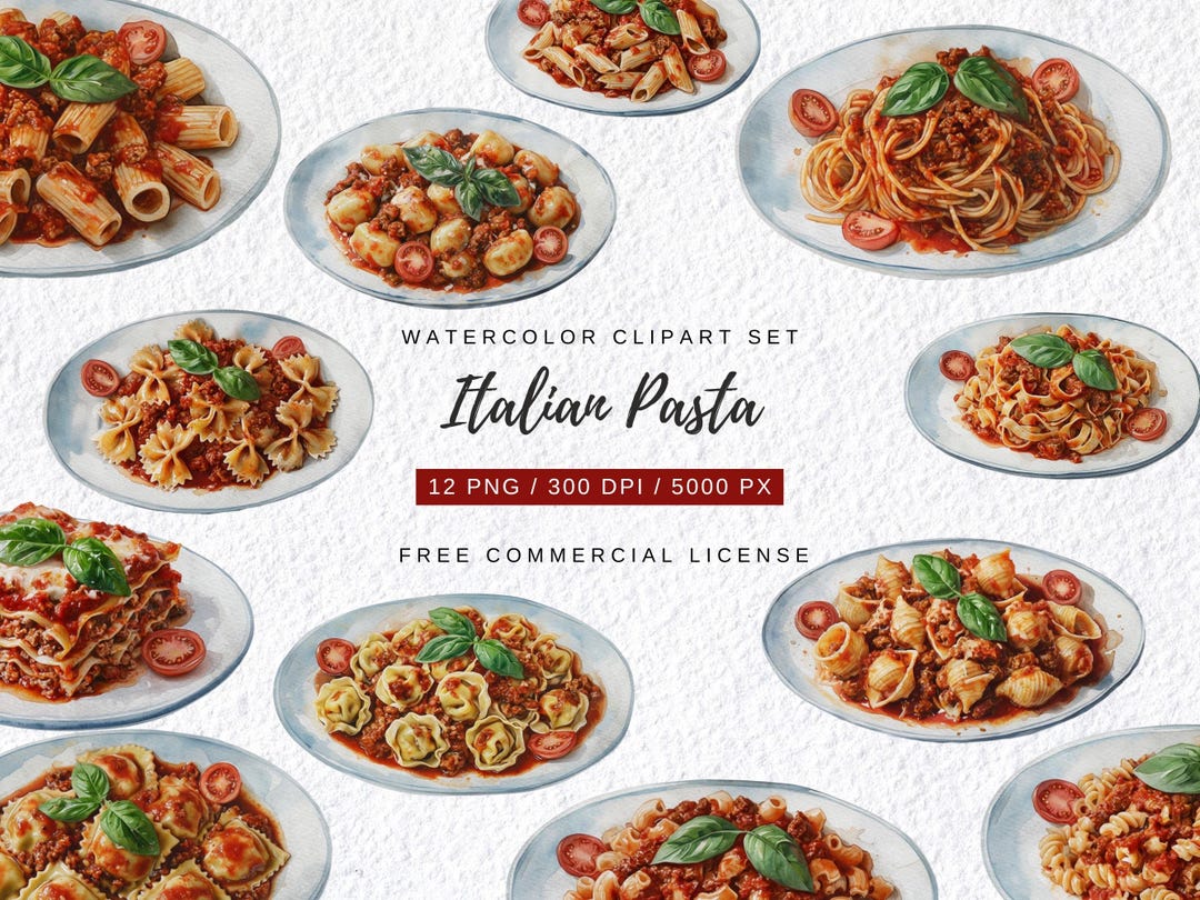 12 Watercolor Italian Pasta Clipart Set - High-resolution Transparent ...