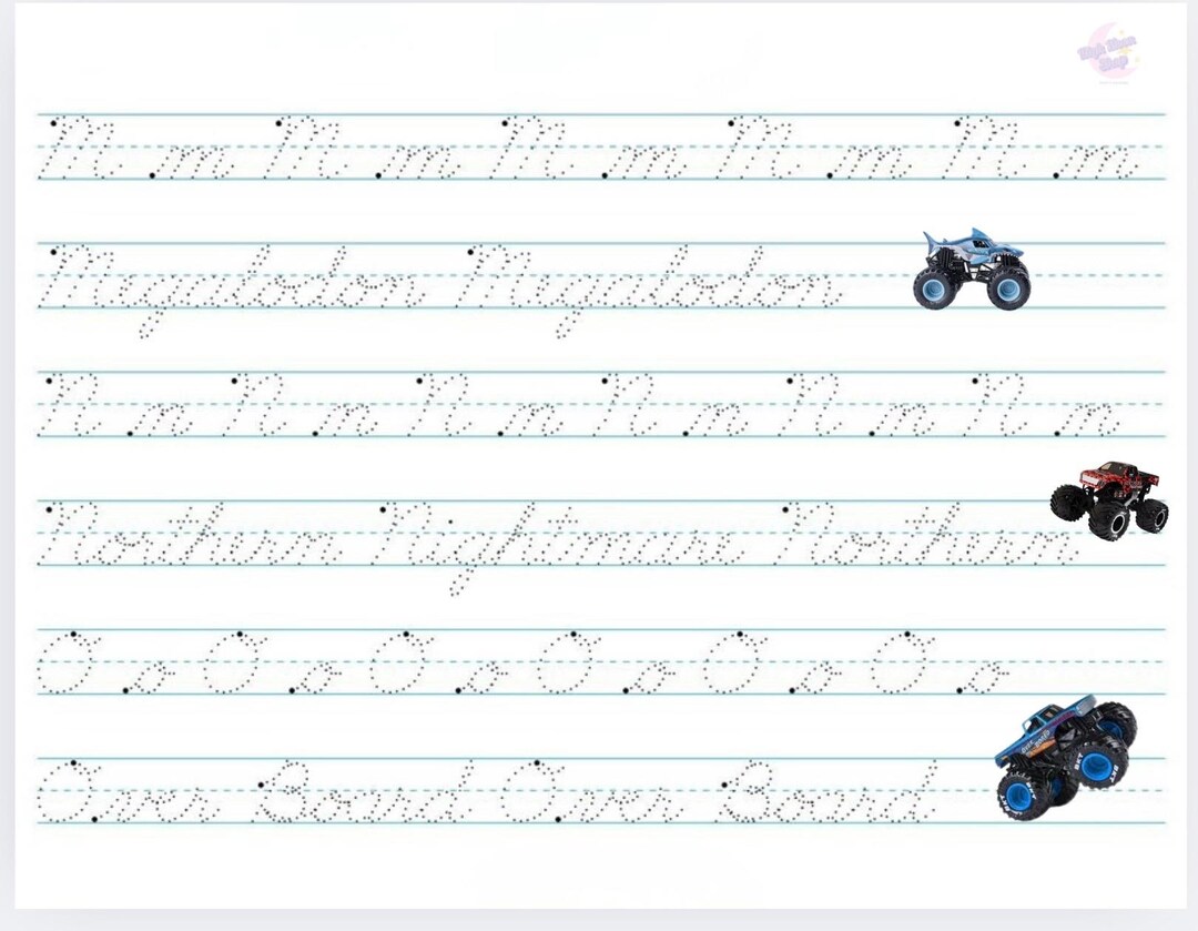 Cursive Monster Truck Alphabet Tracing Pages. Great for Motor Skills ...