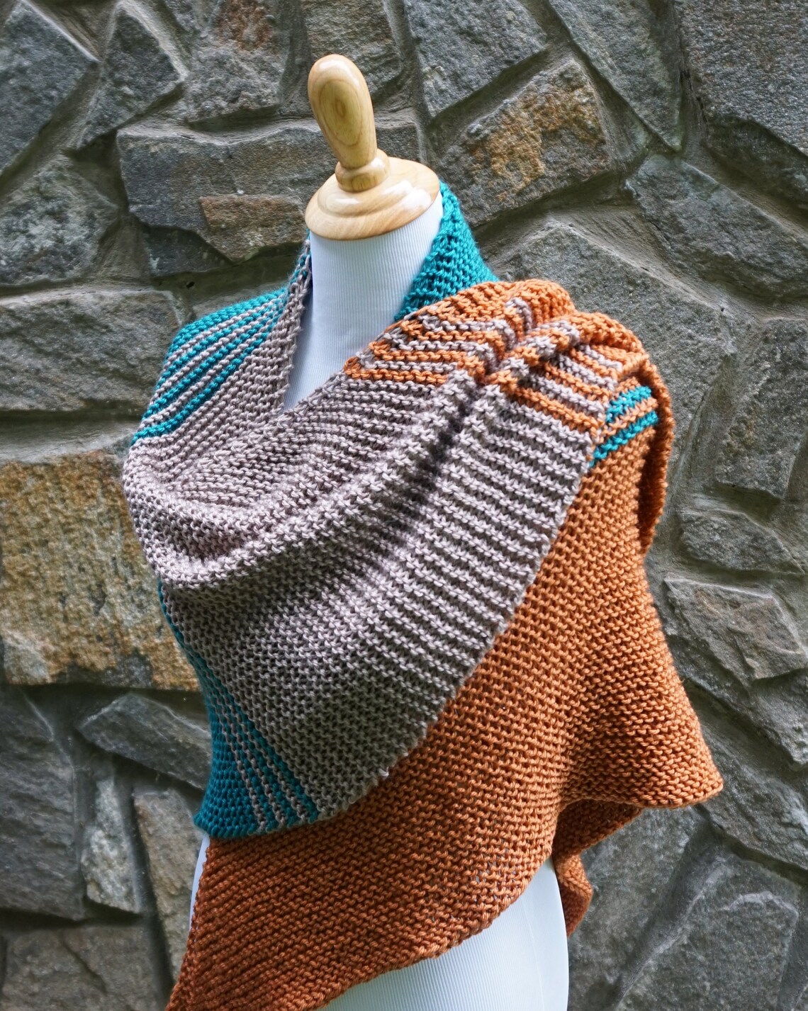 Hand Knit Wrap, Triangle Knitted Shawl, Color Block Shawl, Merino Wool ...