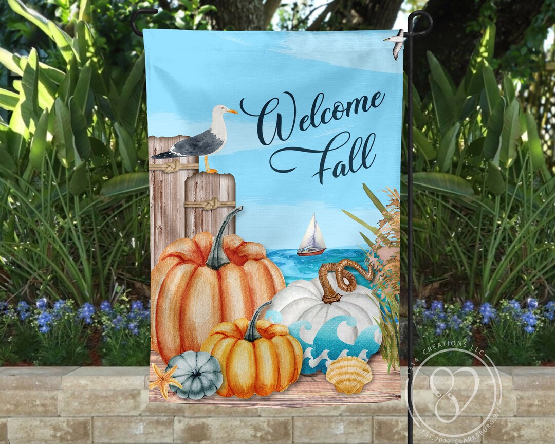 Beach Fall Garden Flag, Autumn Welcome Garden Flags, Family Pumpkin ...