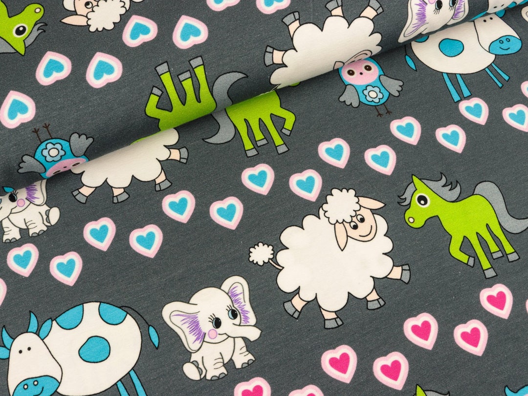 Cotton Jersey Kimi Animals and Hearts on Grey 15,50 EUR / Meter - Etsy