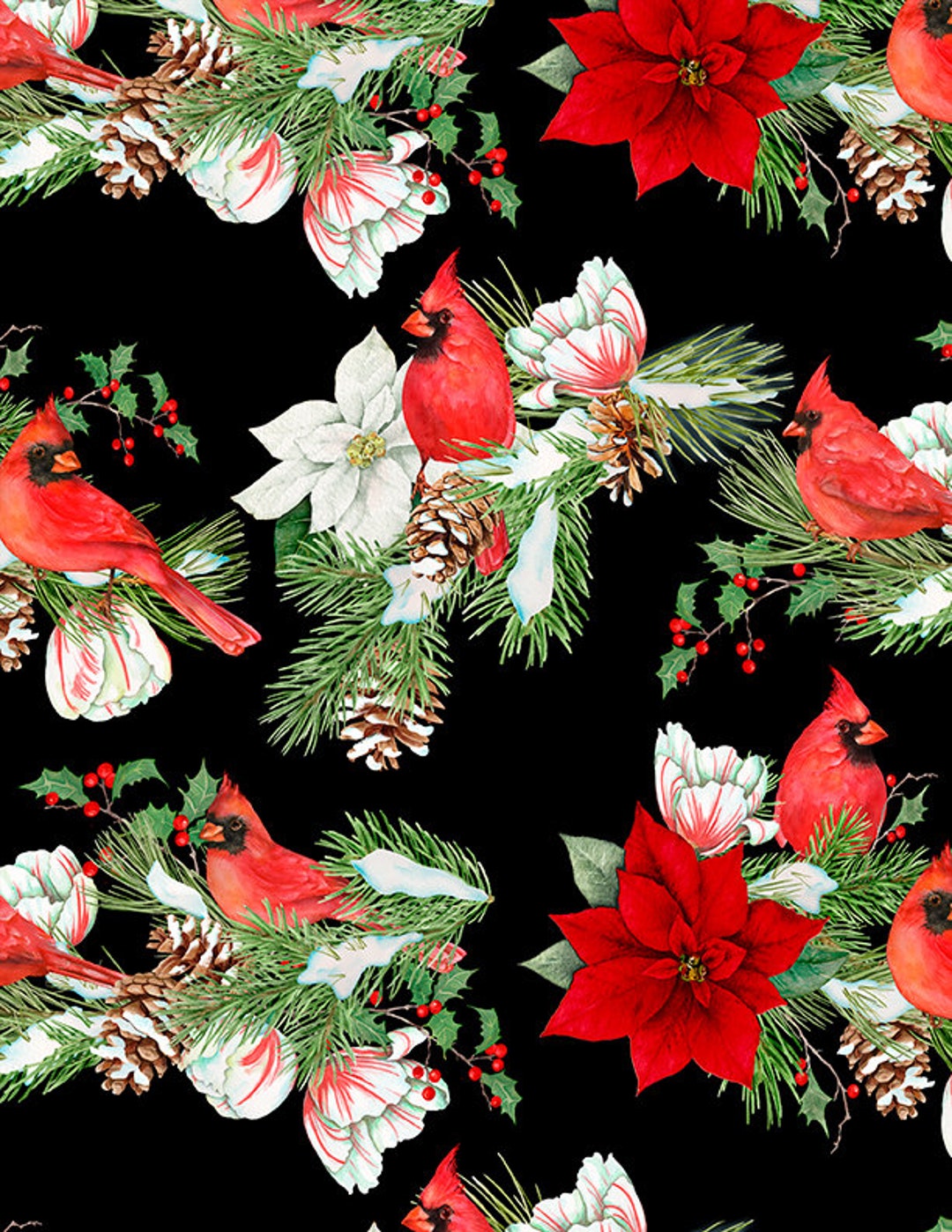 Cardinal Cozy Cardinals All Over Black Christmas Fabric by Wilmington ...